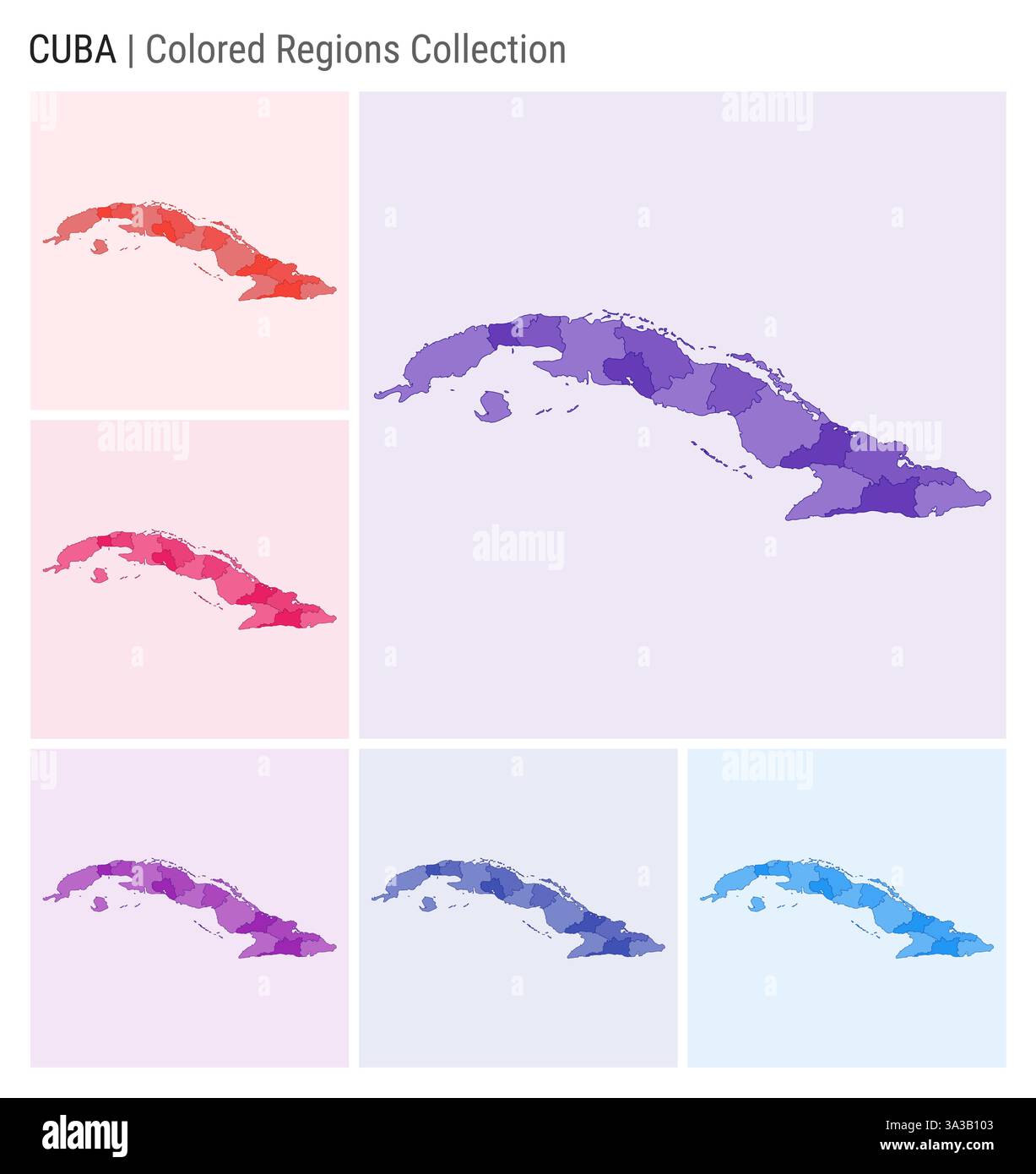 Cuba map collection. Country shape with colored regions. Deep Purple, Red, Pink, Purple, Indigo ...