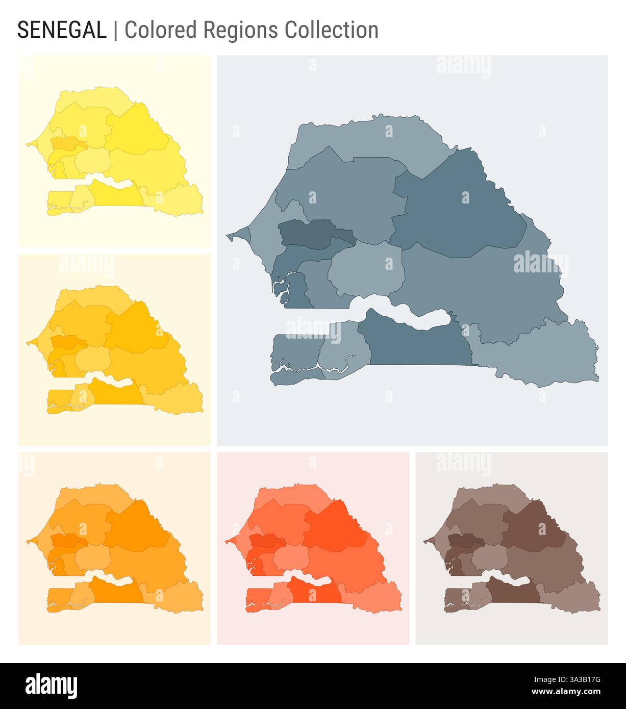 Senegal map collection. Country shape with colored regions. Blue Grey, Yellow, Amber, Orange ...
