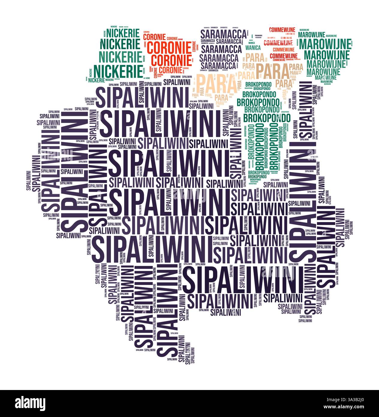Suriname Word Cloud. Country shape with region division. Suriname typography style image. Region ...