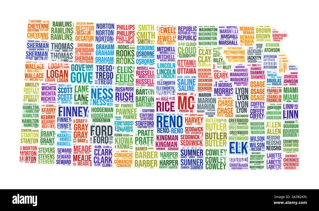 Kansas county word cloud. State shape design. Kansas colored ...