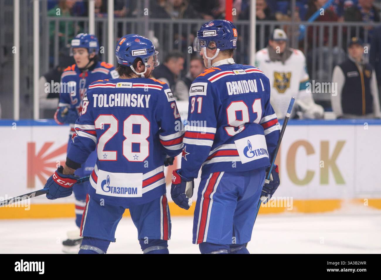Sergei Tolchinsky (28) and Ivan Demidov (91) of SKA Hockey Club seen in ...