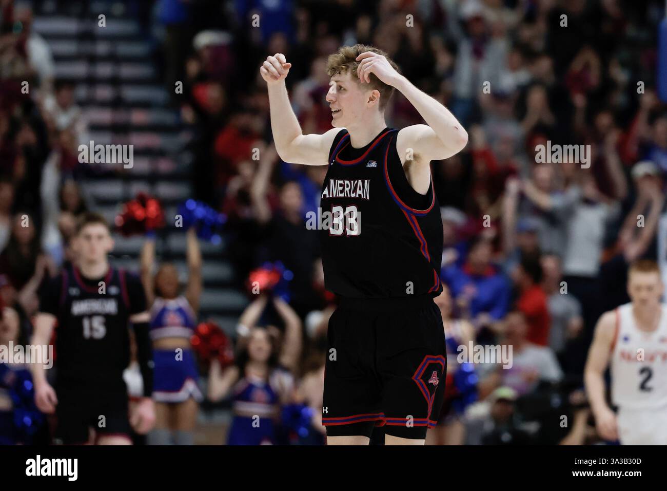 American forward Matt Mayock (33) celebrates after making a three point ...