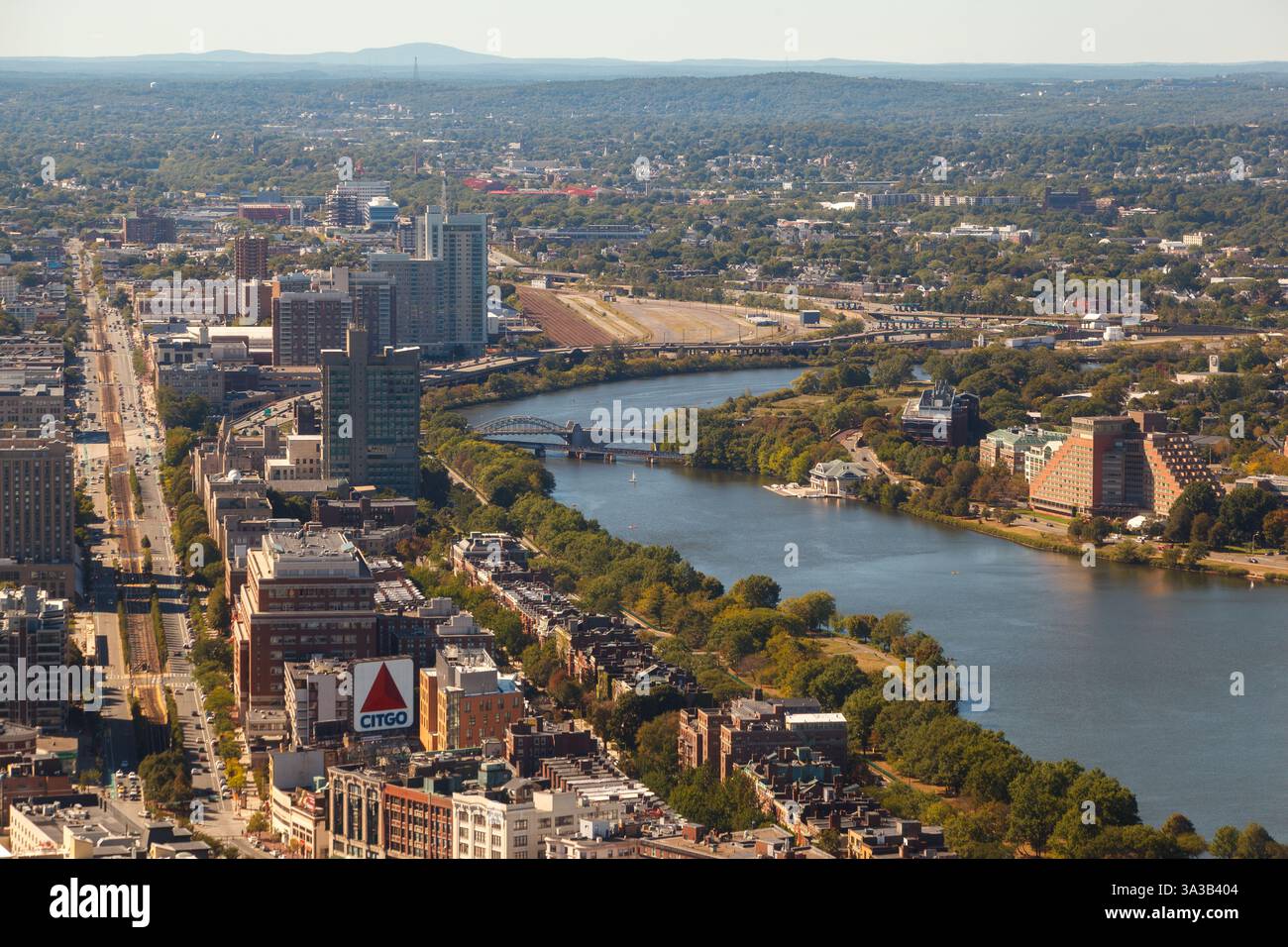 The Charles river, Boston University bridge and Massachusetts Tpke ...
