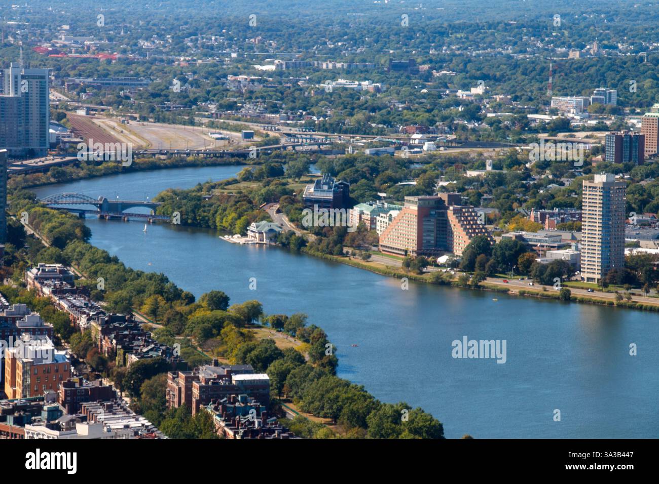 The Charles river, Boston University bridge and Massachusetts Tpke ...