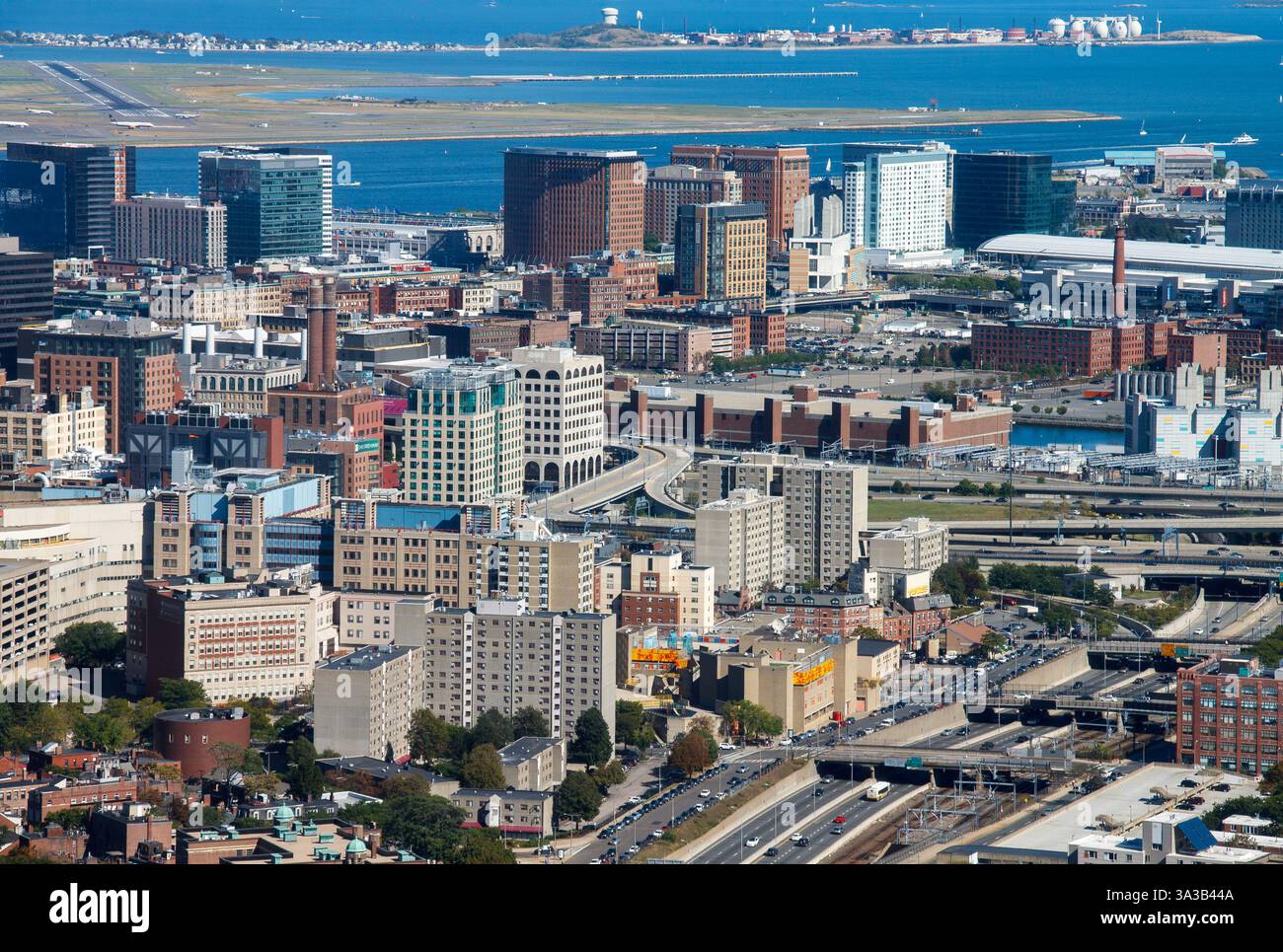 The Logan International Airport and office tower buildings in Boston ...