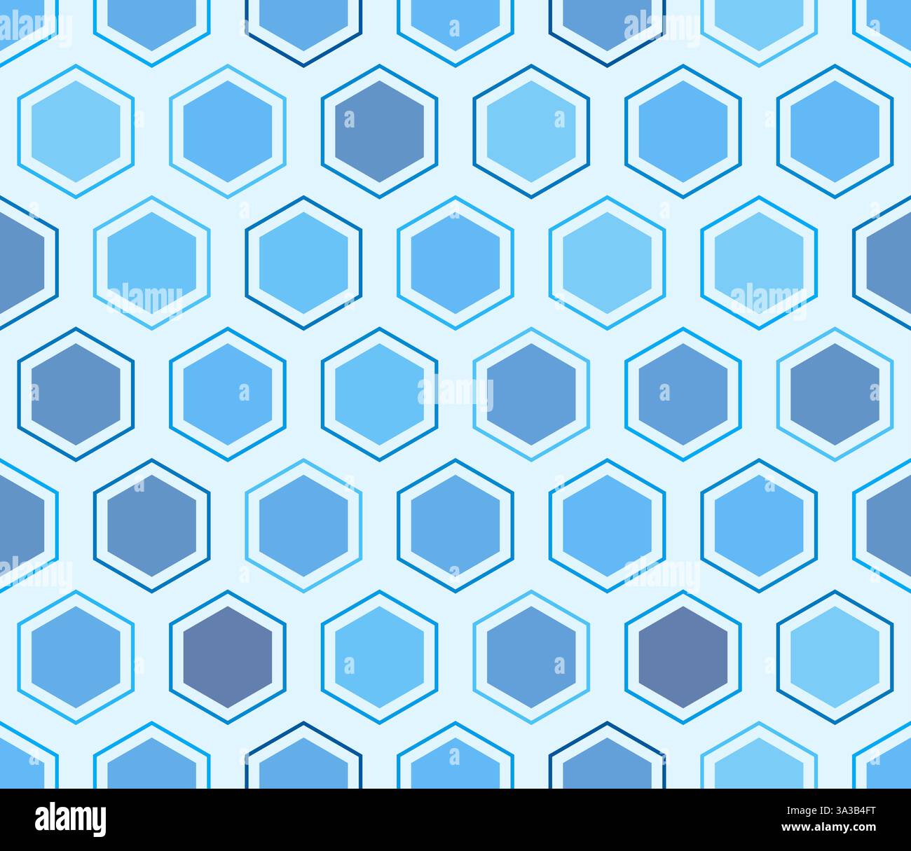 Geometric pattern. Hexagon mosaic cells with padding and inner solid cells. Blue color tones ...