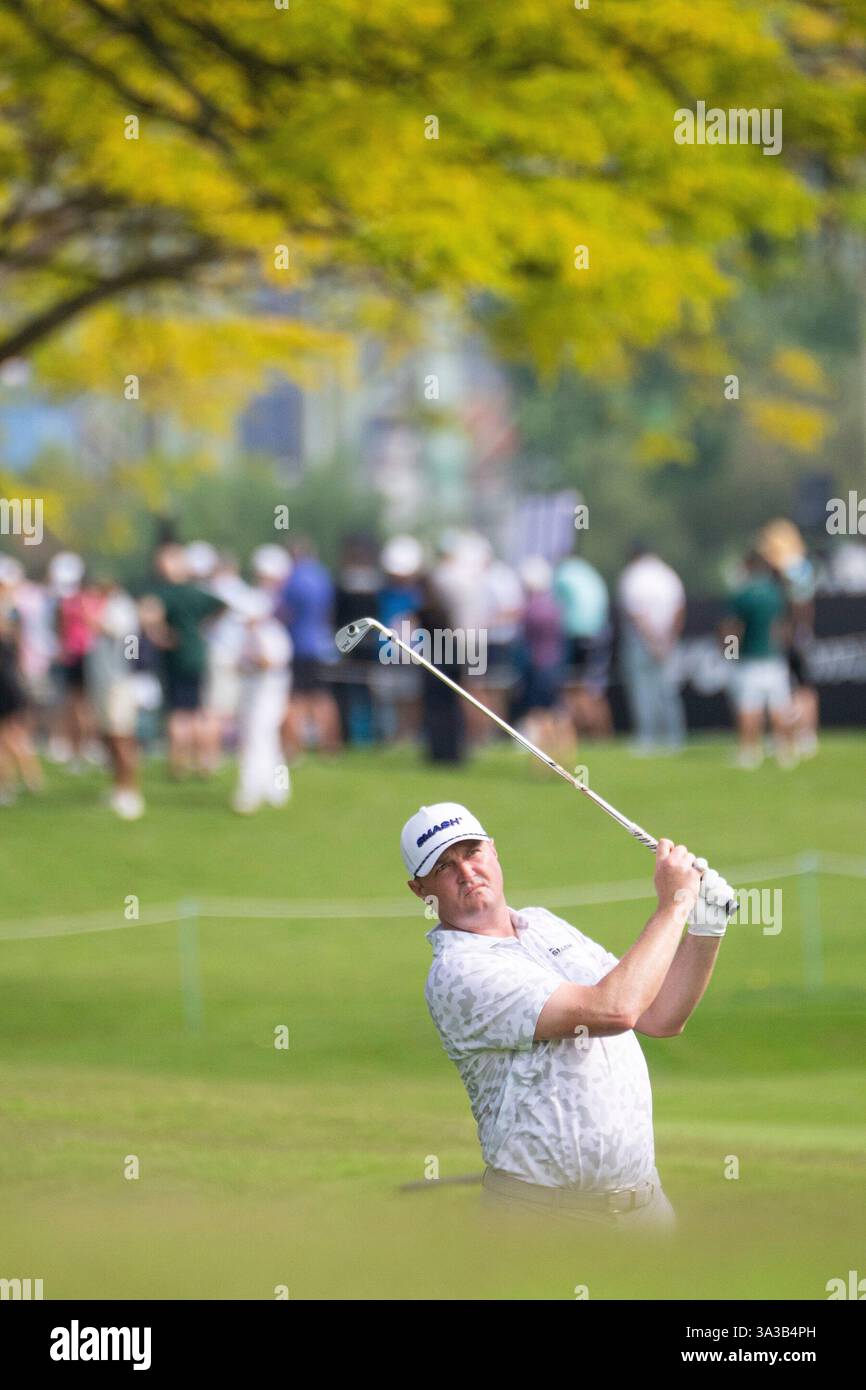 Jason Kokrak of Smash GC hits his shot on the 18th hole during the ...