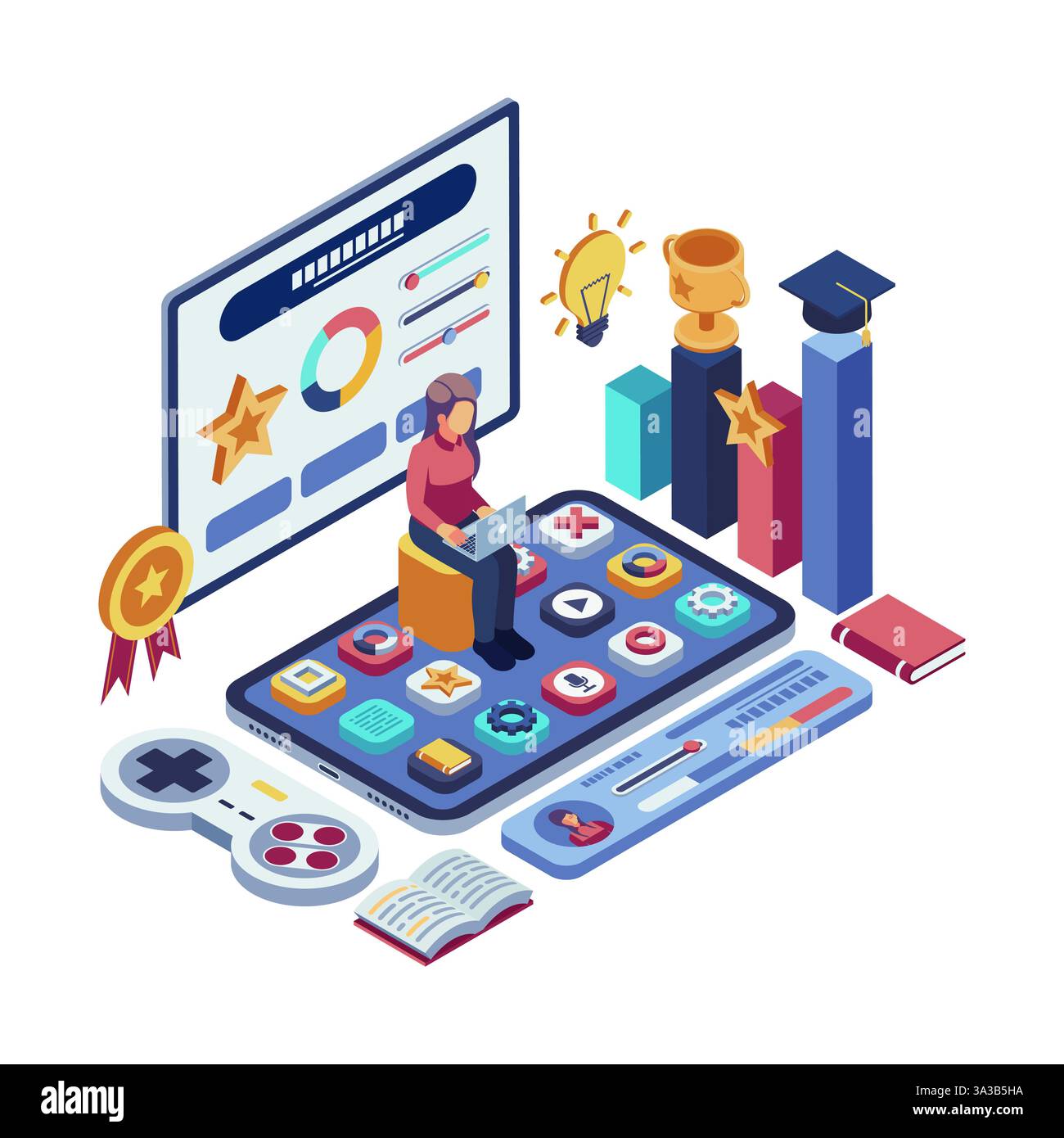 Isometric Students using Gamified Learning Platform with Progress Bars ...