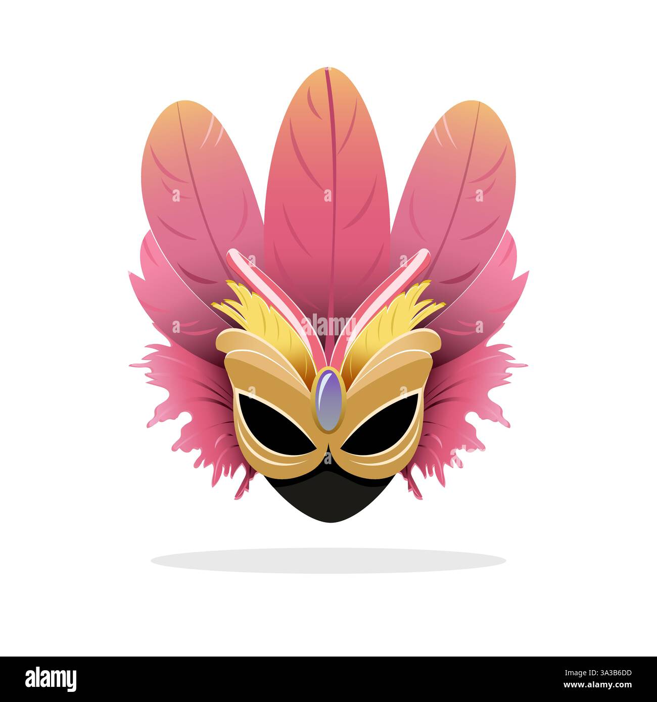 Pink feather carnival mask with golden details, isolated on white ...
