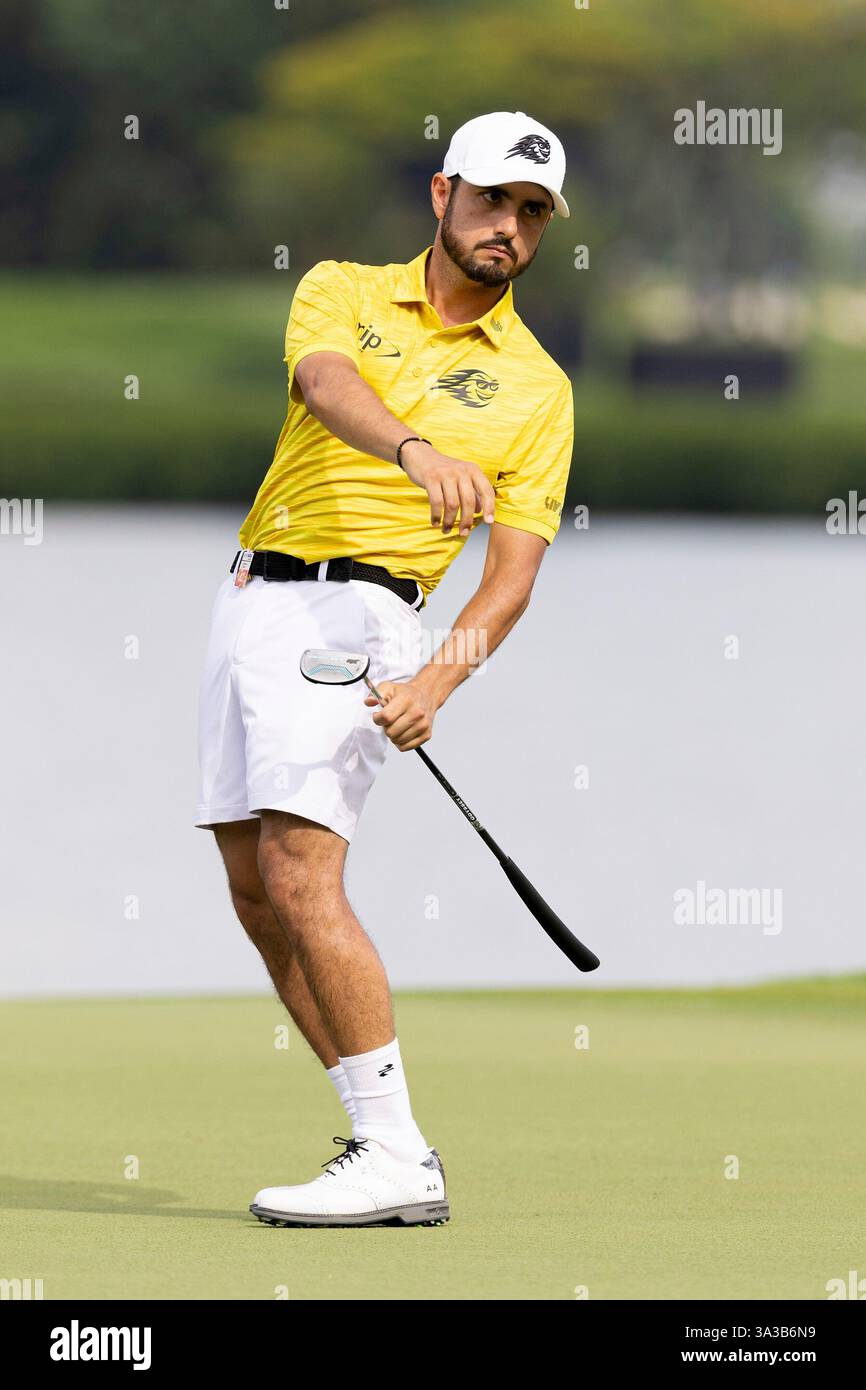 Abraham Ancer of Fireballs GC reacts to his putt on the fourth green ...
