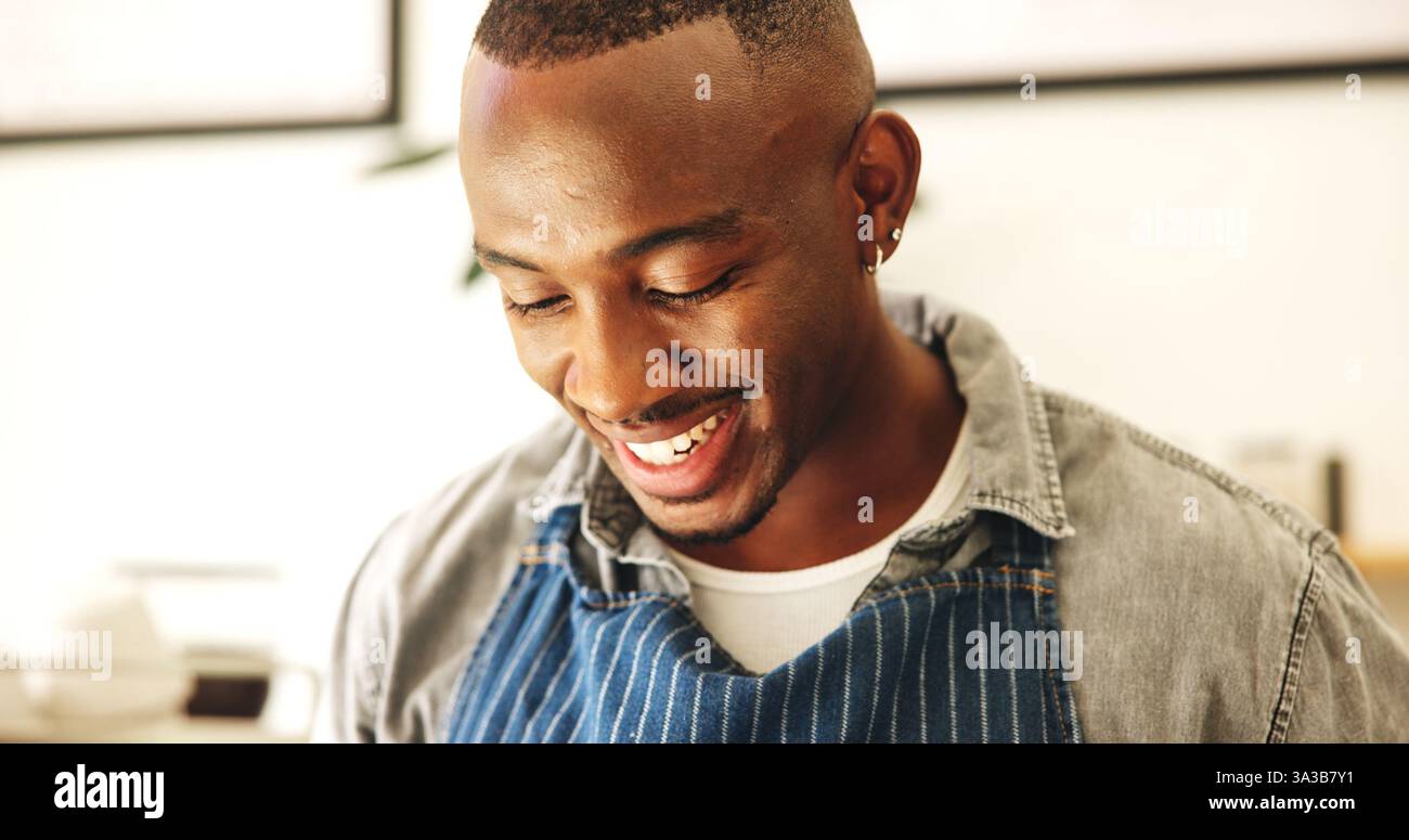 Smile, black man and waiter reading at cafe for information, menu ...