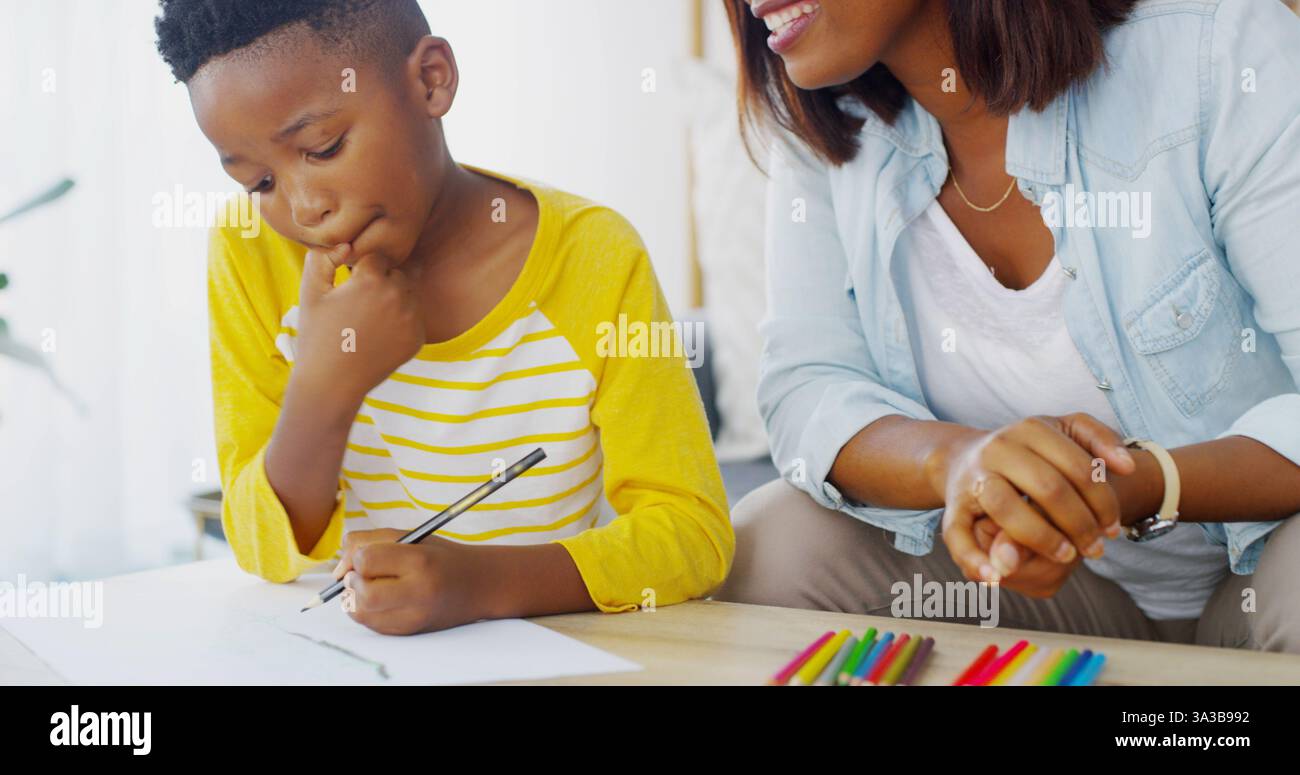 Colors, homework and mom helping child in home for education, drawing ...