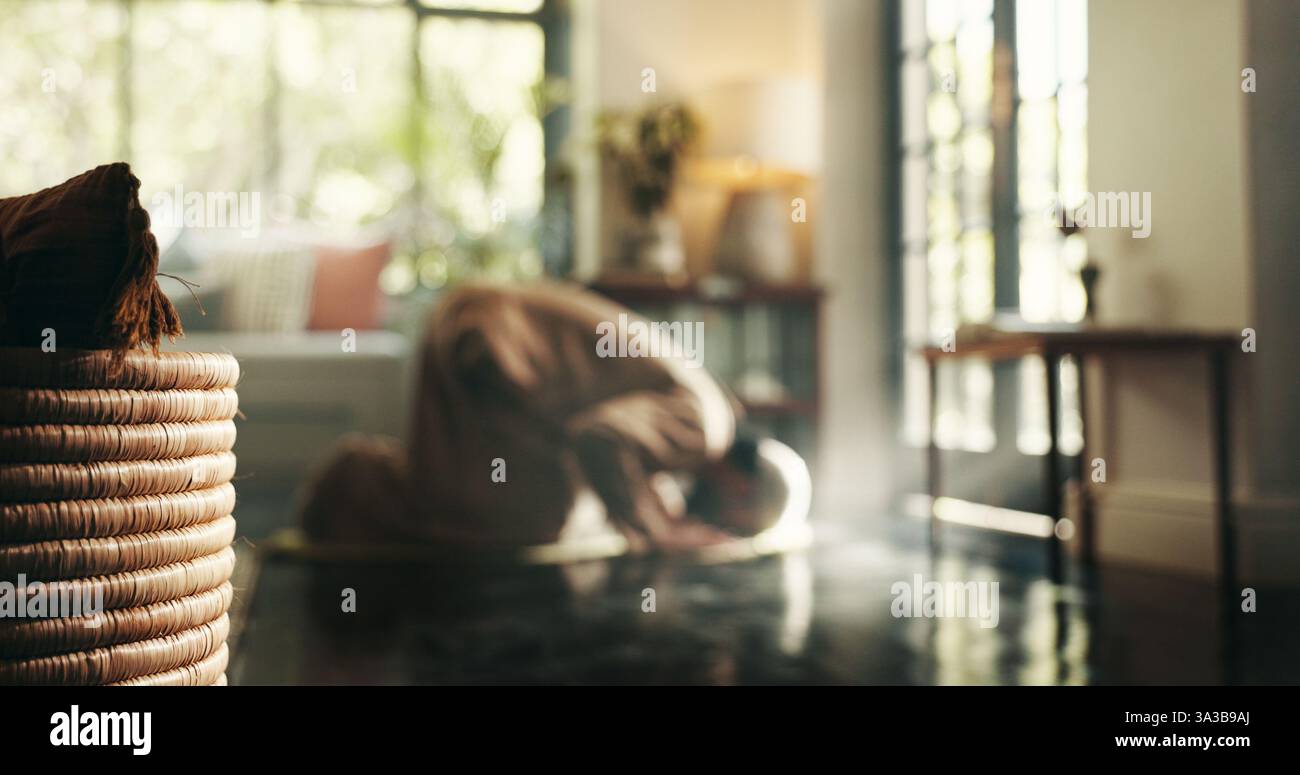 Man, praying and bow in islam religion at house of spiritual worship ...