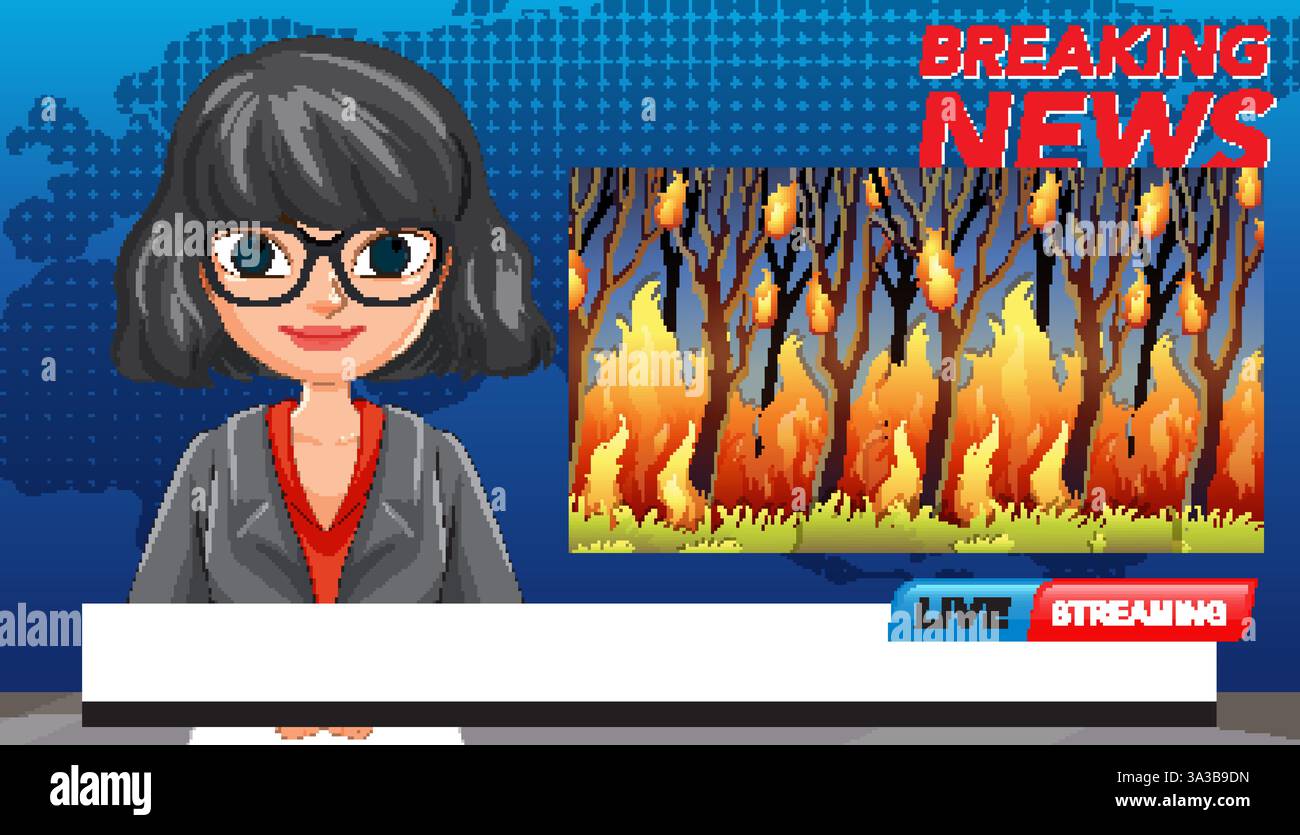 Vector illustration of a news anchor reporting on a forest fire ...