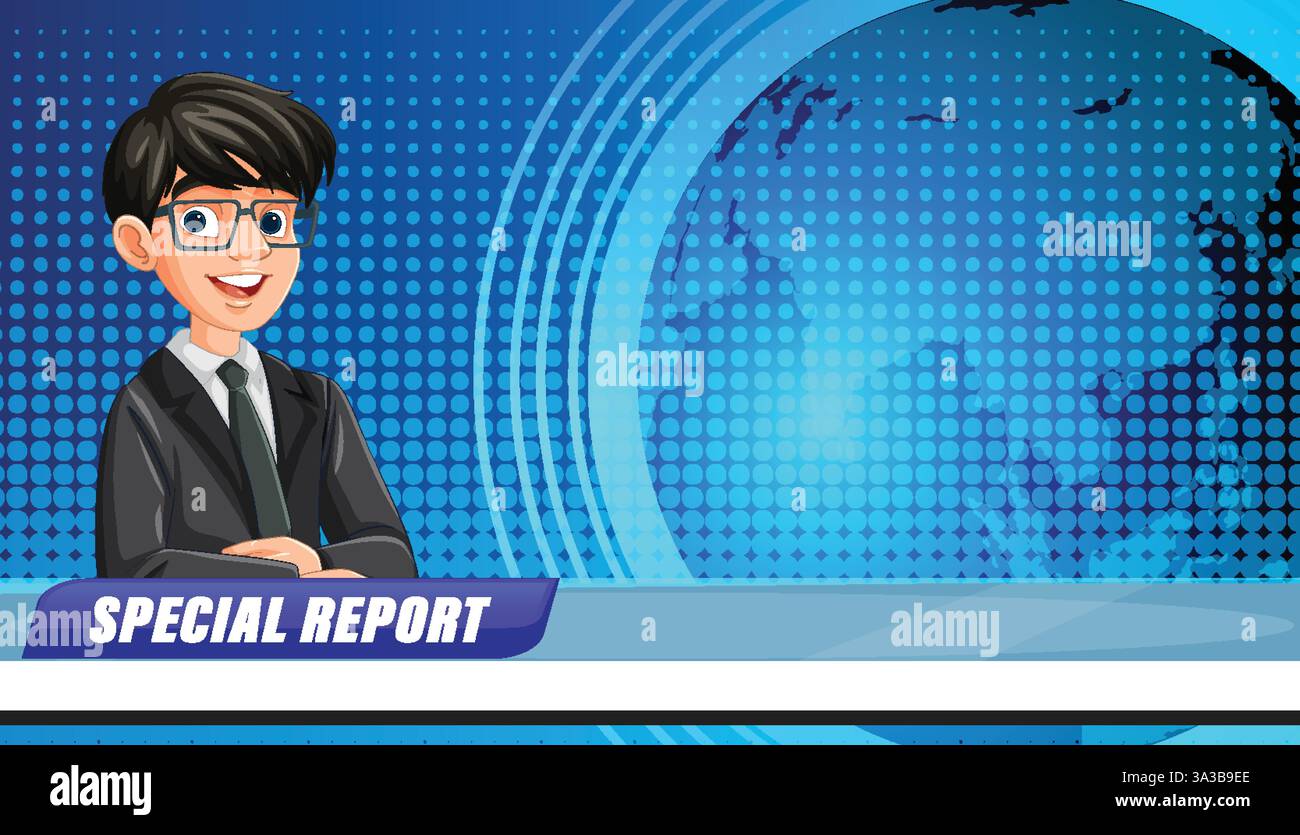 Vector illustration of a news anchor with a digital globe background ...