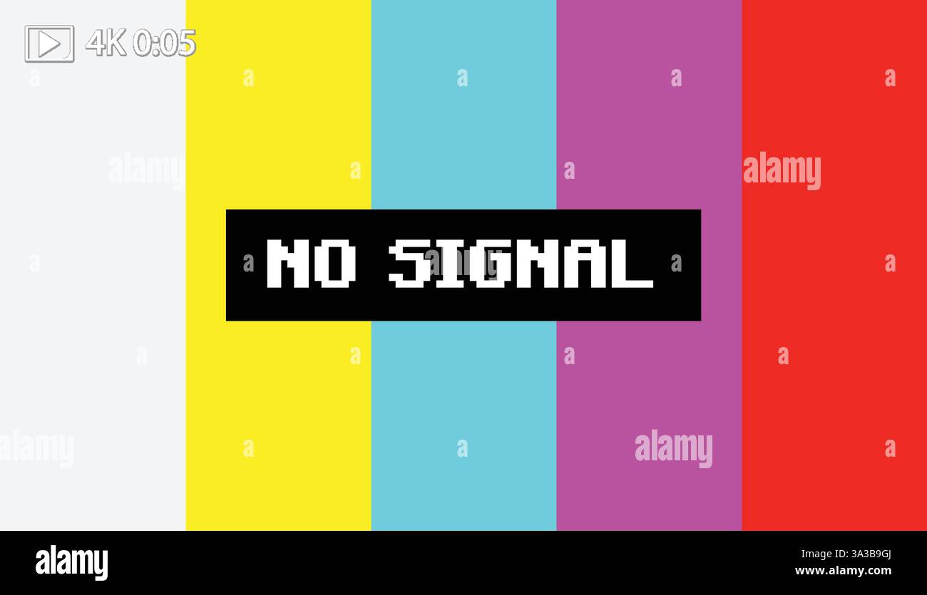 Vector illustration of a classic 'No Signal' TV screen with vibrant color bars and pixelated ...