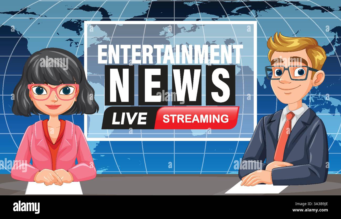Vector illustration of animated news anchors in a studio setting ...