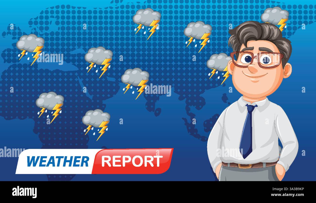 Vector illustration of a weather reporter with a global map background ...
