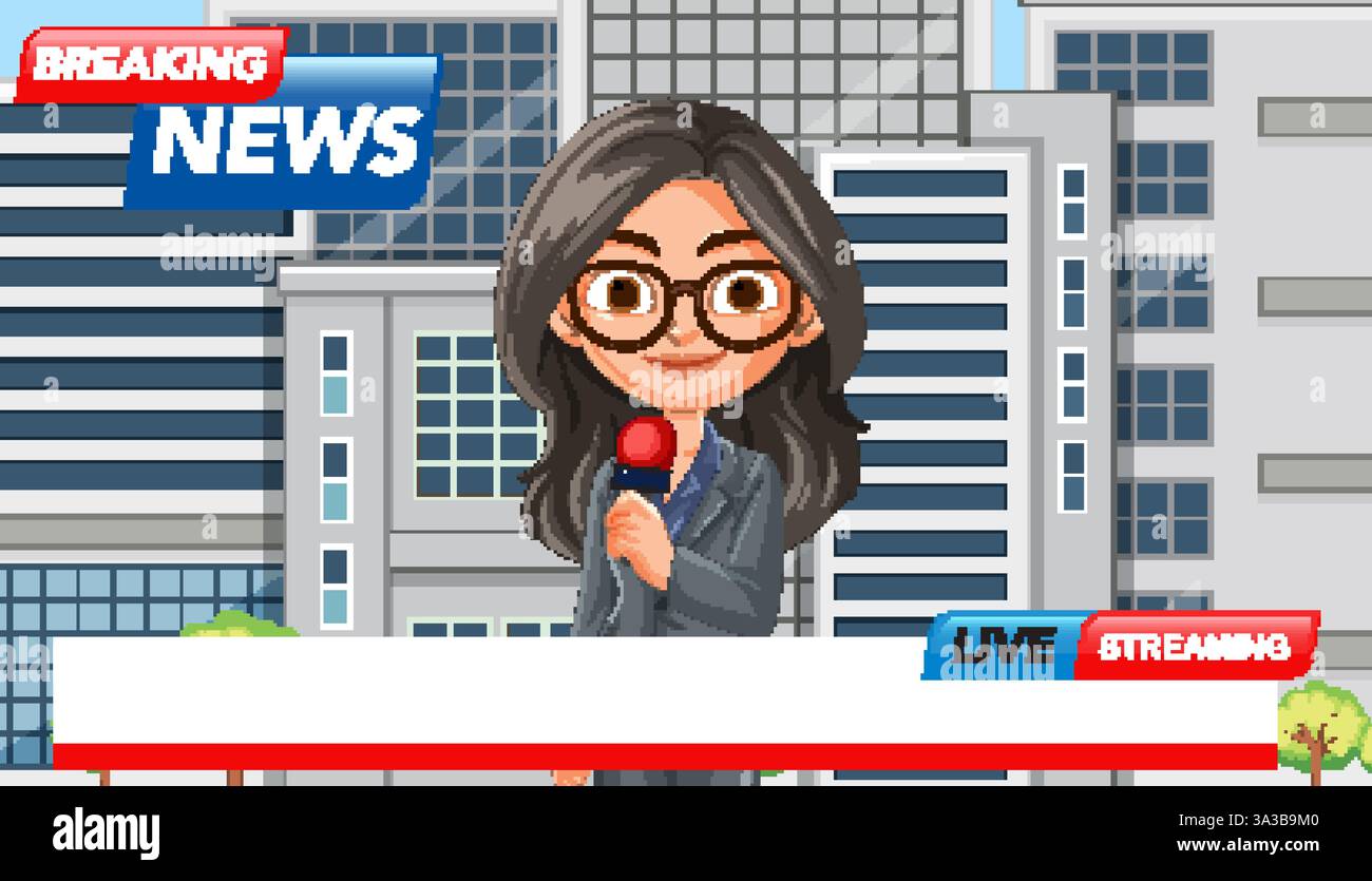 Vector illustration of a news reporter with microphone, set against a ...