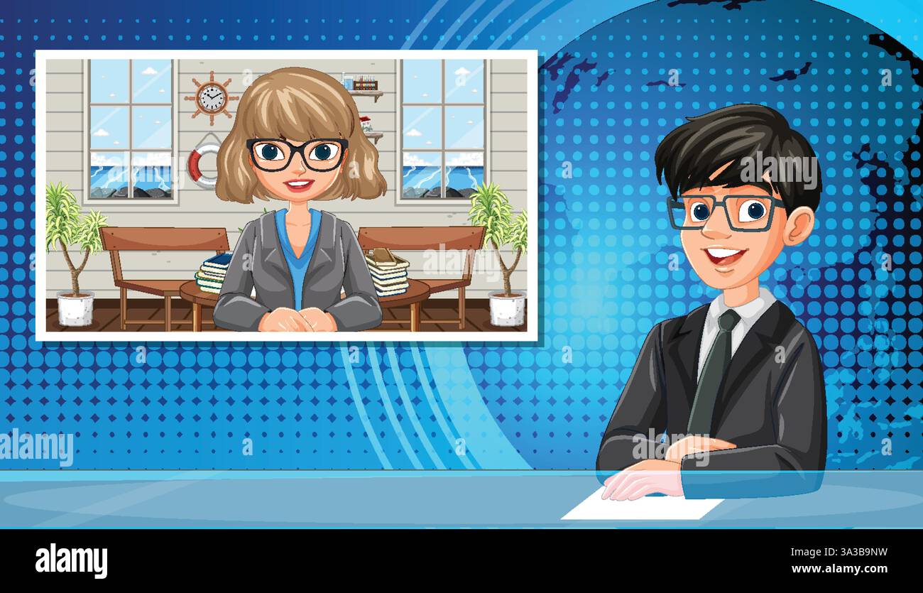 Vector illustration of a virtual news broadcast featuring two animated ...