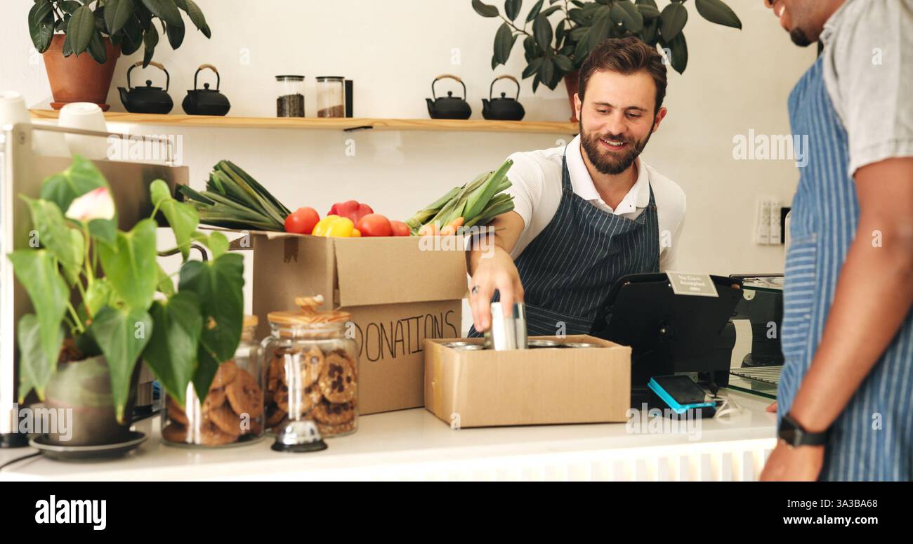 Business, donate and men with cans, sorting and food distribution with ...