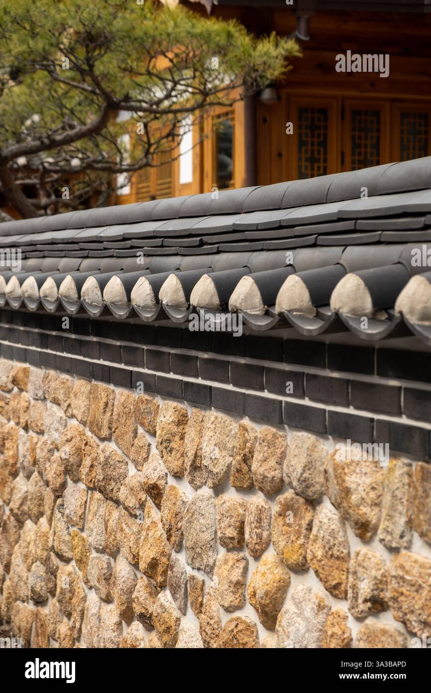 Korean traditional stone wall boundary in Eunpyeong Hanok Village ...