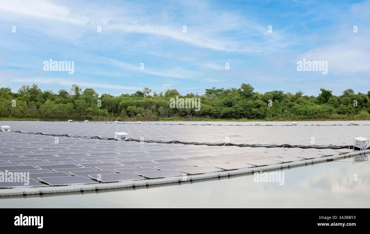 Solar cell system floating on water and clear sky, clean energy concept ...