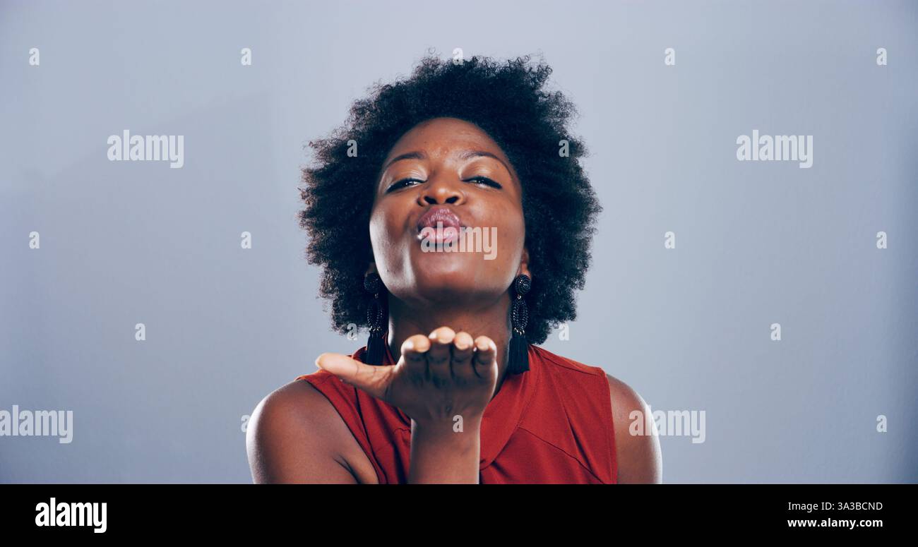 Pout, woman and blowing kiss in studio, flirting and gesture for ...