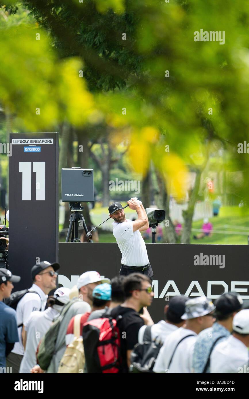 Captain Dustin Johnson of 4Aces GC hits his shot from the 11th tee during the second round of ...