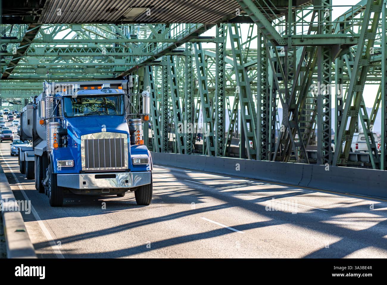 Industrial grade heavy duty blue big rig bonnet day cab local haul semi ...