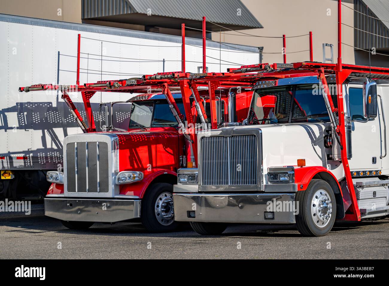 Industrial grade heavy duty classic car hauler big rig red and white ...