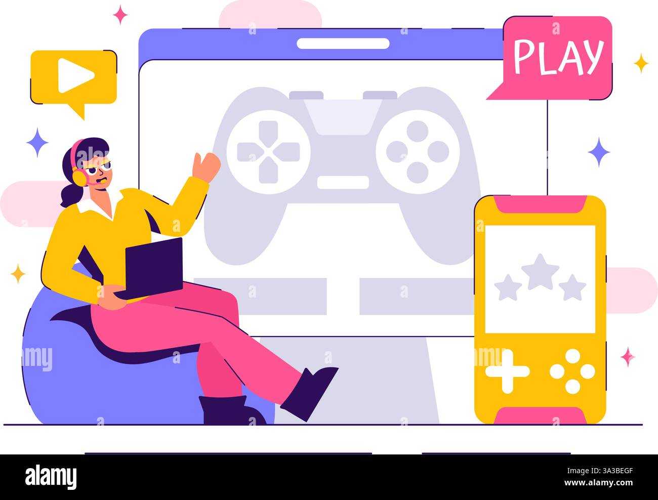 Vector Illustration of a Professional Cute Gamer Streaming Online While ...