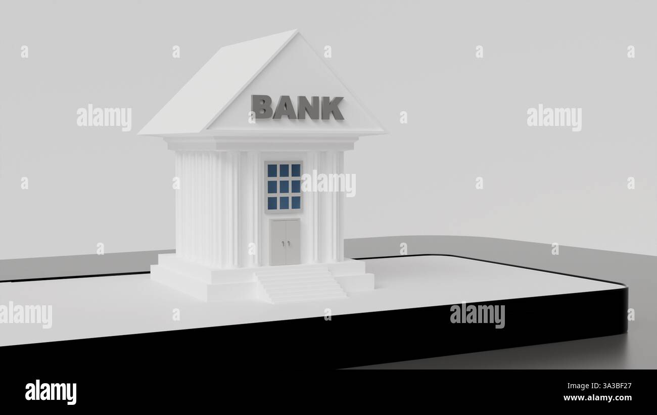 3D model of white bank building on mobile phone screen on table on ...