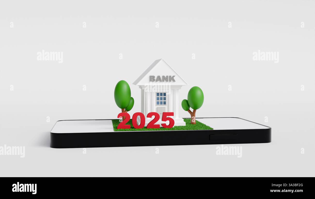 3d model of white bank building on green grass with trees and date 2025 ...