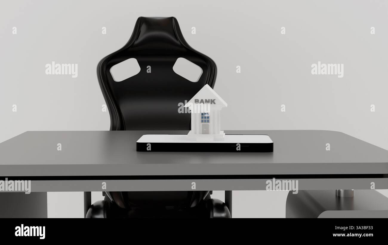 3D model of white bank building on mobile phone screen on table near ...
