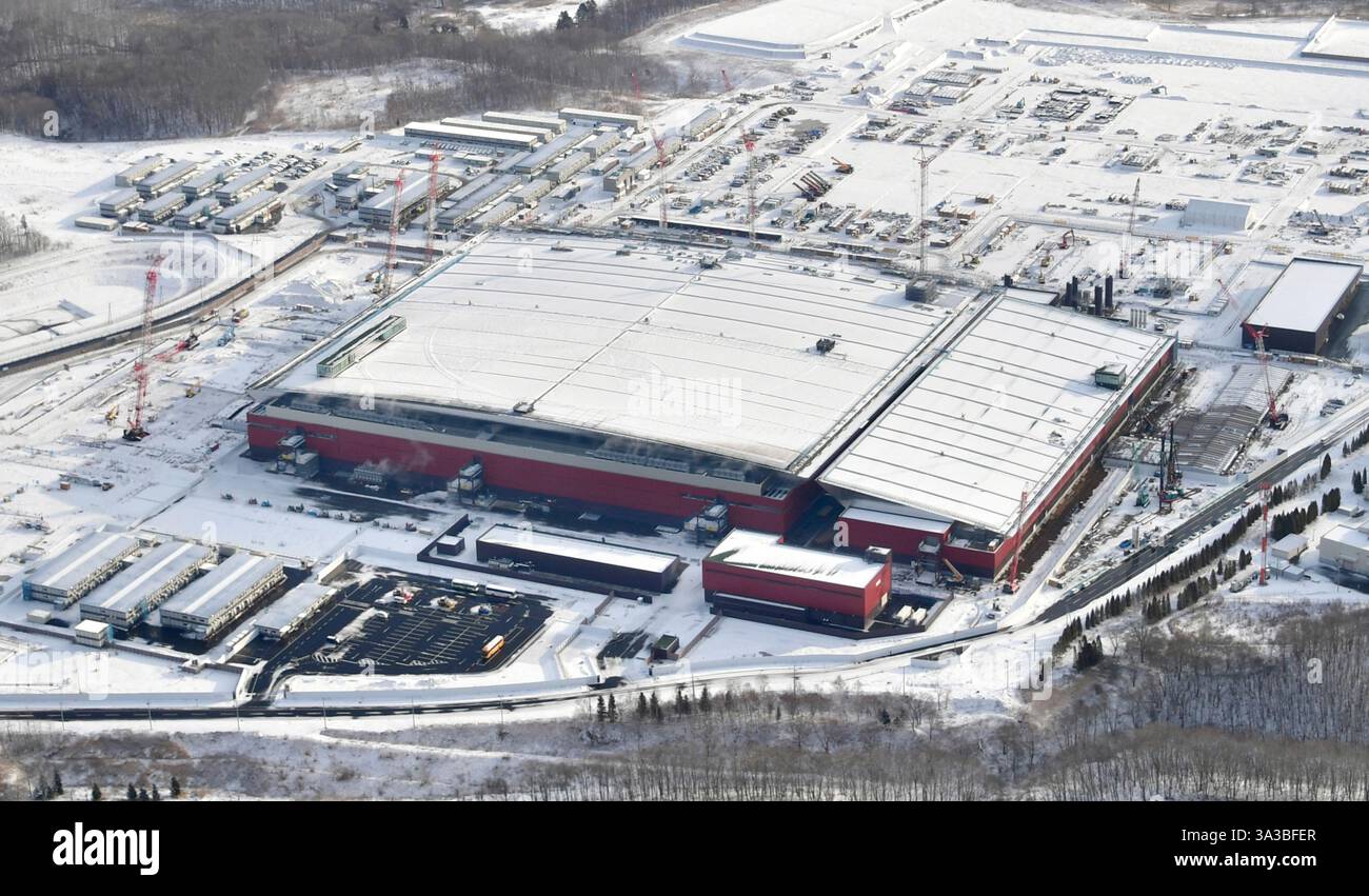 An aerial photo shows the IIM-1 of Rapidus, a research and development, and manufacturing base ...