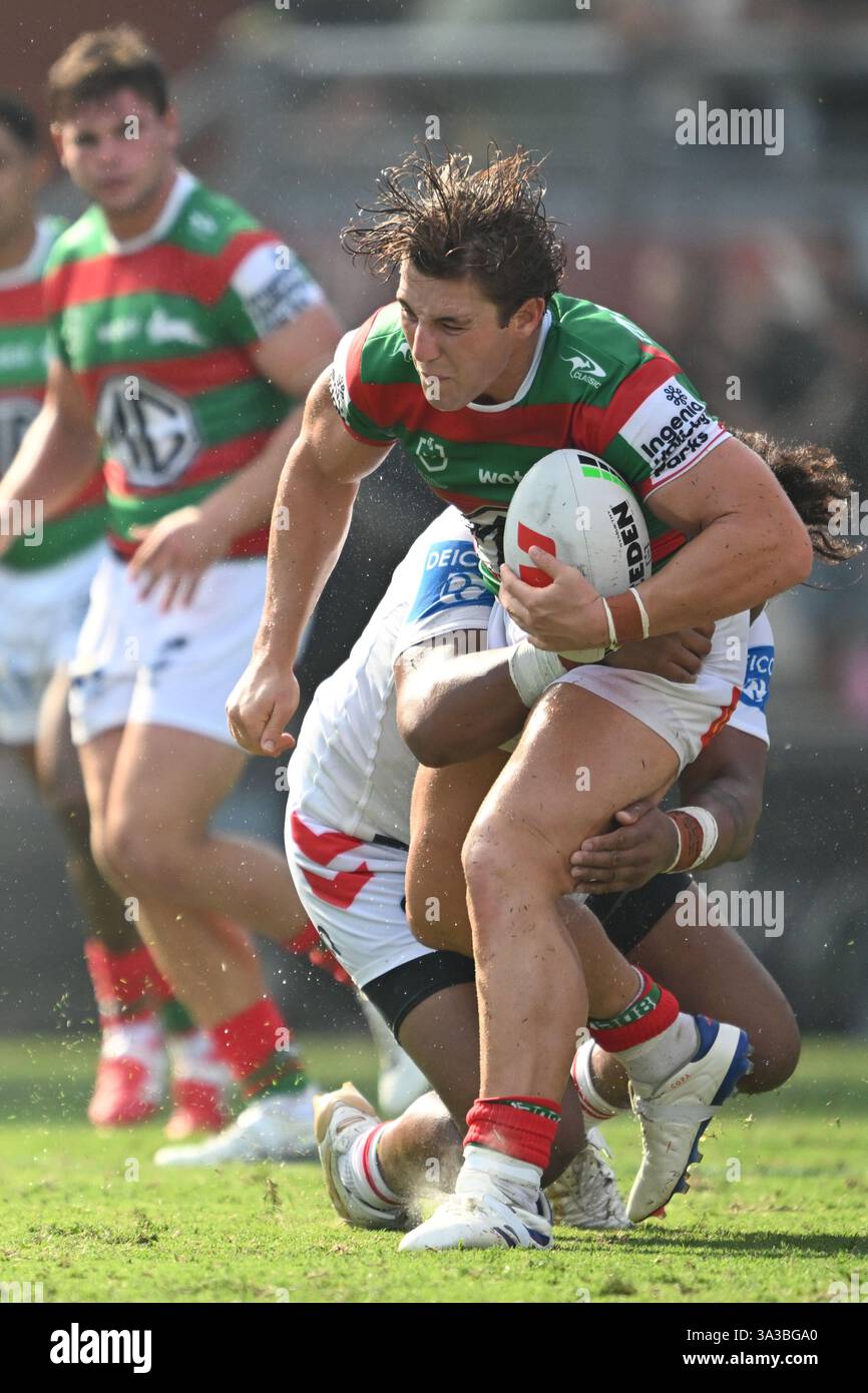 Jamie Humphreys of the Rabbitohs is tackled by during the NRL Round 2 ...
