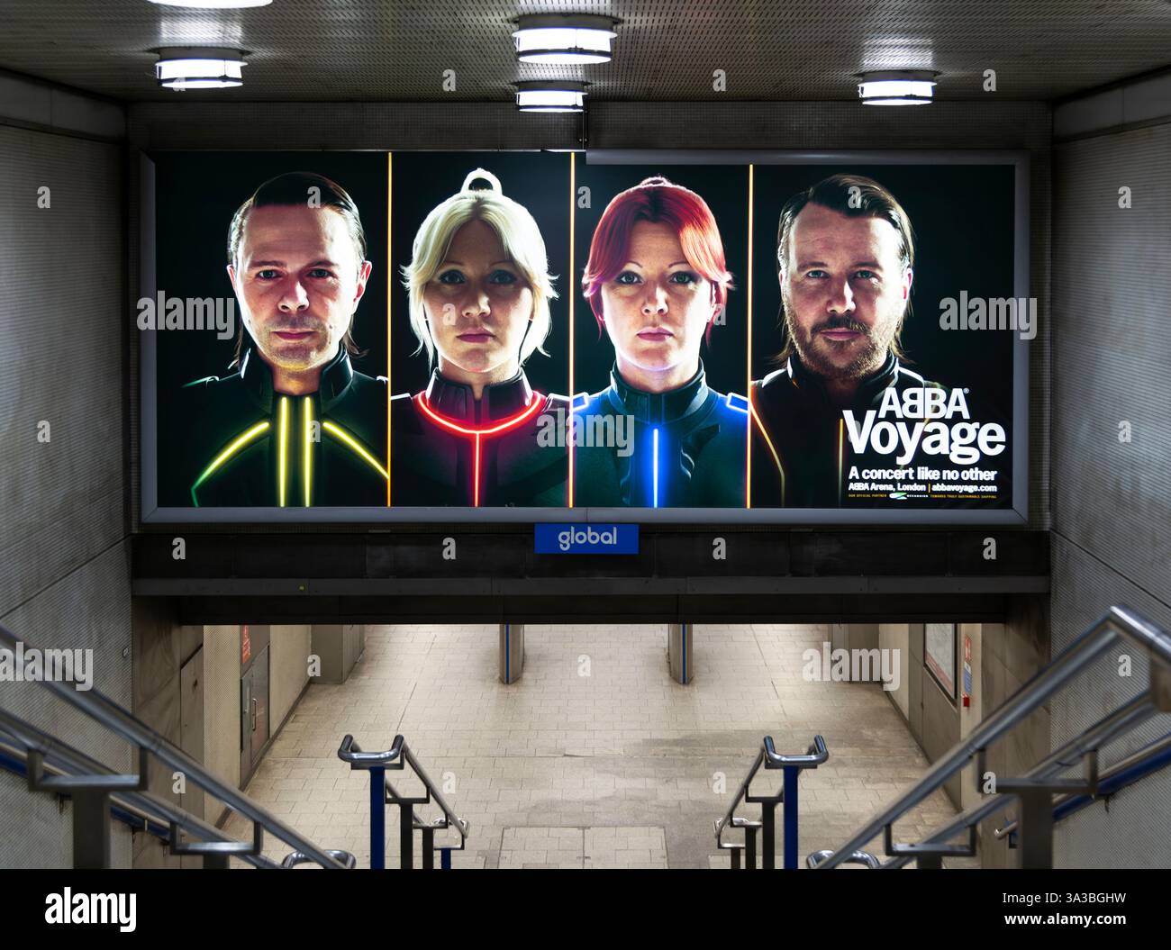 Electronic advertising poster hologram faces pop group Abba promoting ...