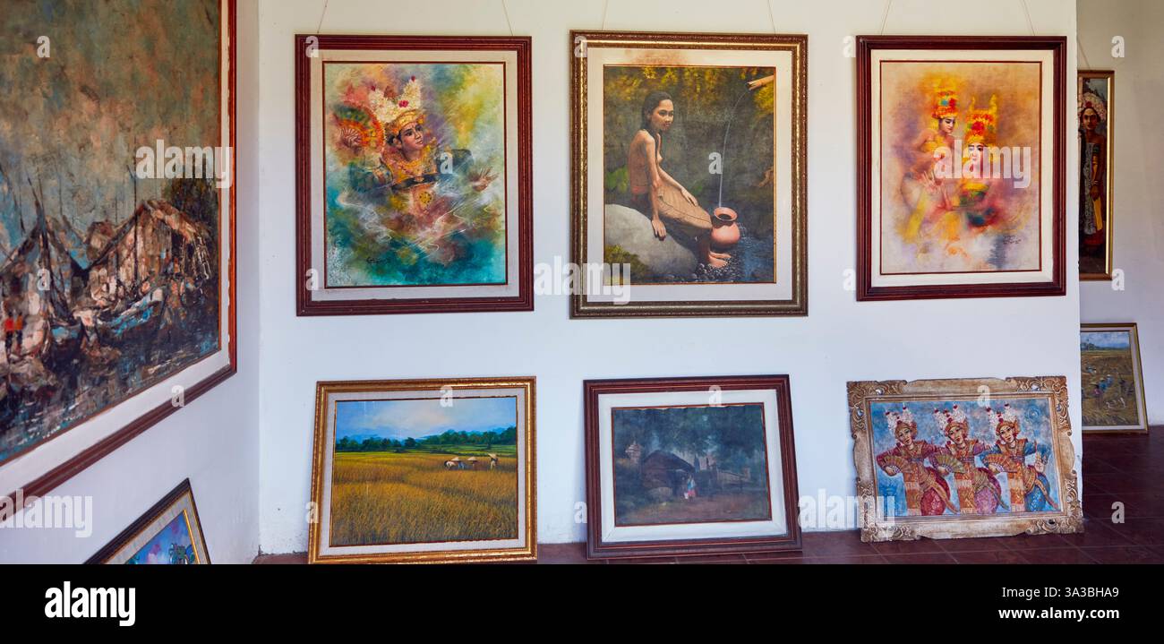 Paintings of Balinese artists displayed in the art gallery at Rudana ...