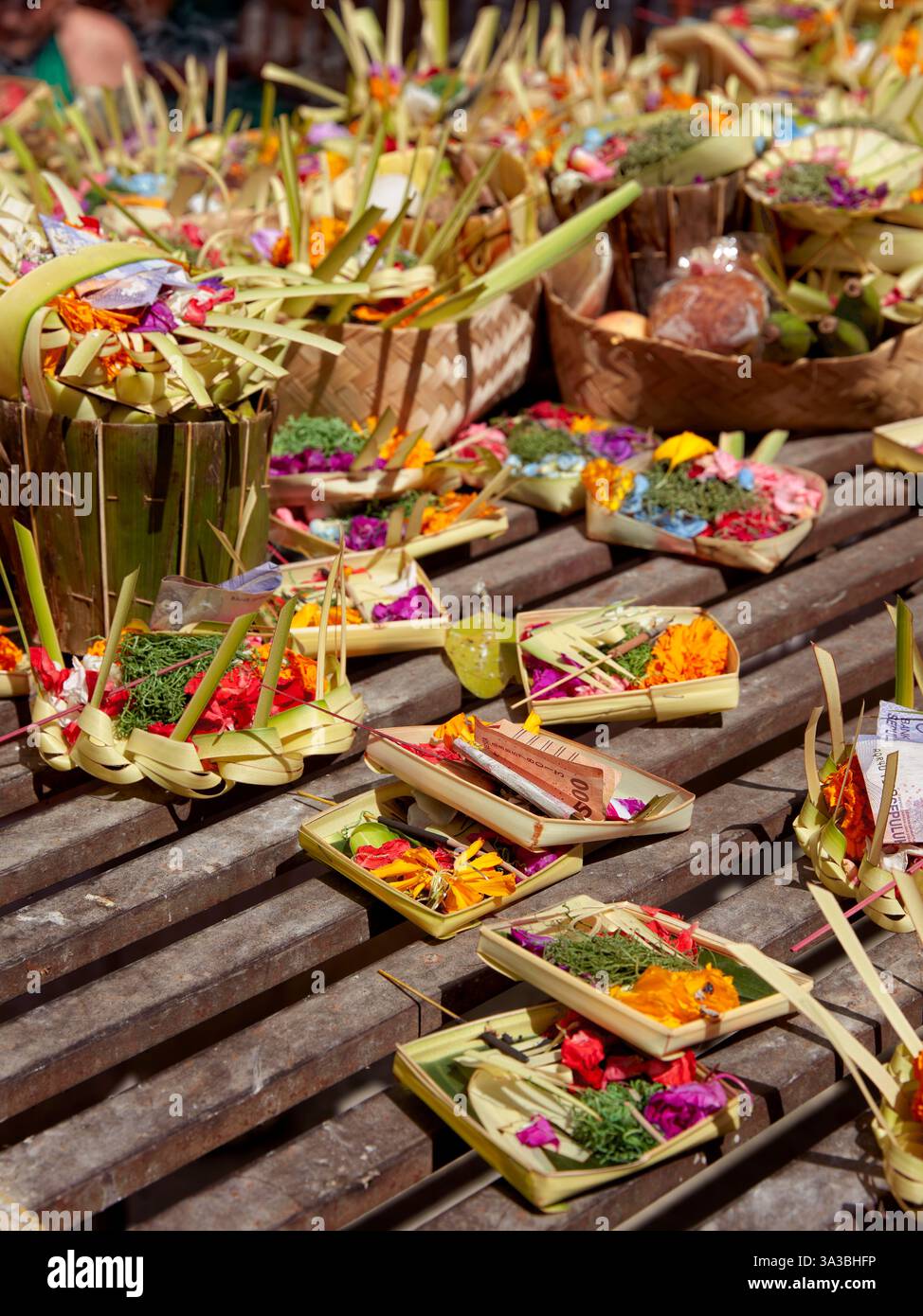 Close up of traditional Balinese offerings on an altar table at Tirta ...