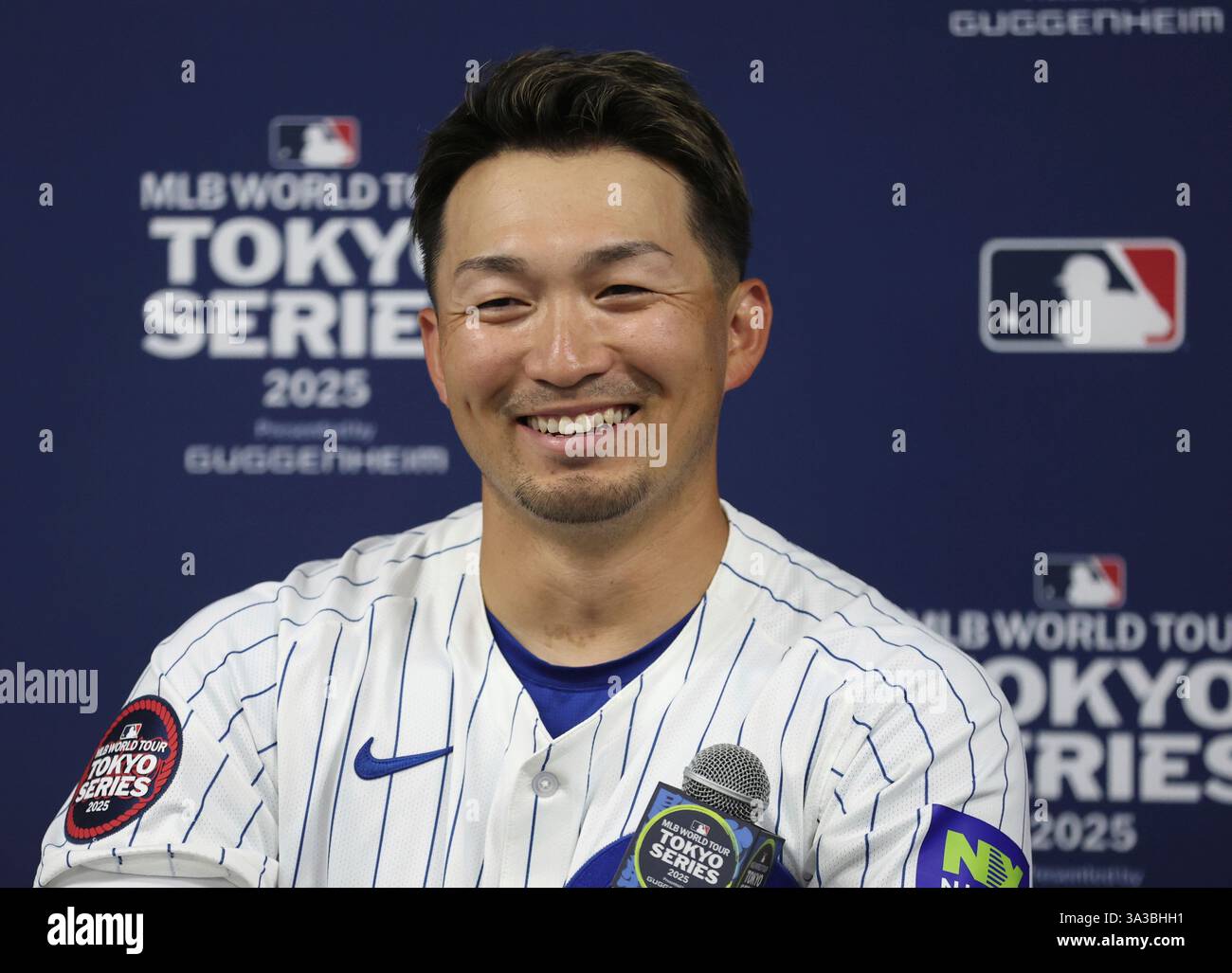 Chicago Cubs' Seiya Suzukil holds a press conference after the game against The Hanshin Tigers ...