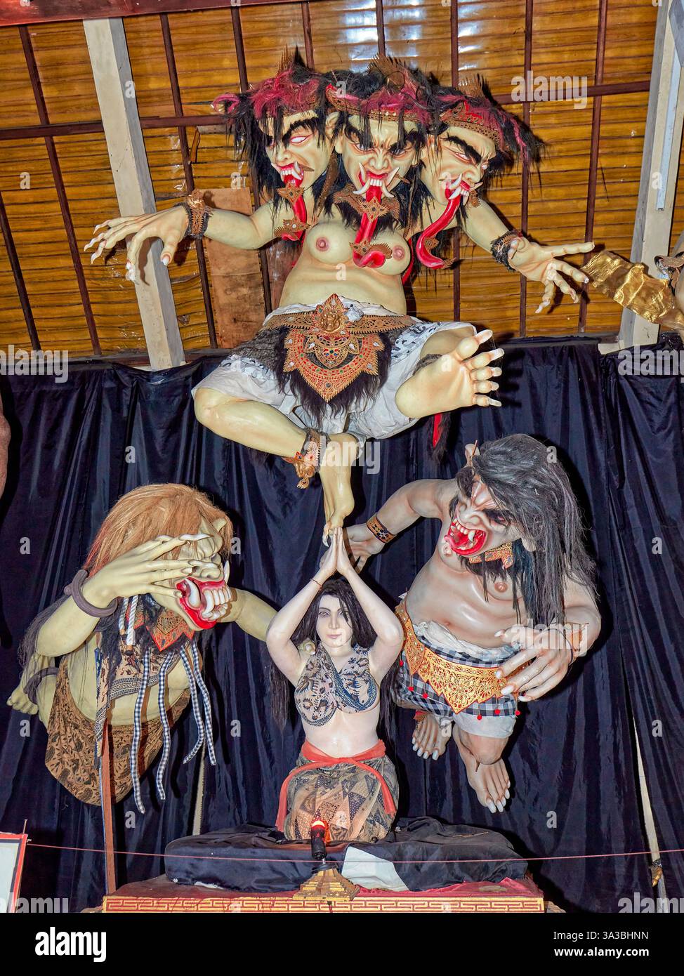 Ogoh-ogoh statues depicting Durga, a Hindu goddess surrounded by demons ...