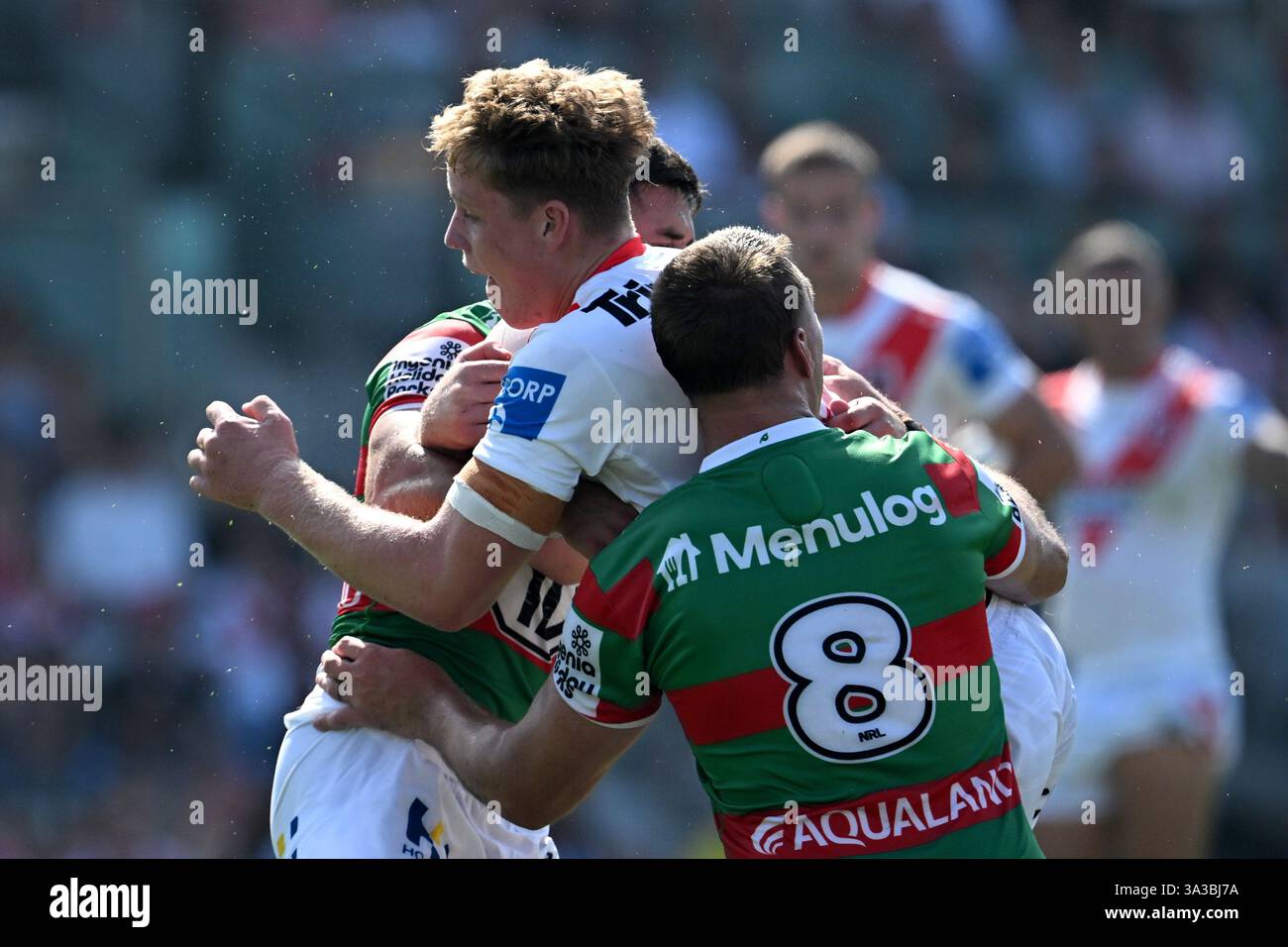 Hamish Stewart of the Dragons is tackled by Sean Keppie of the ...