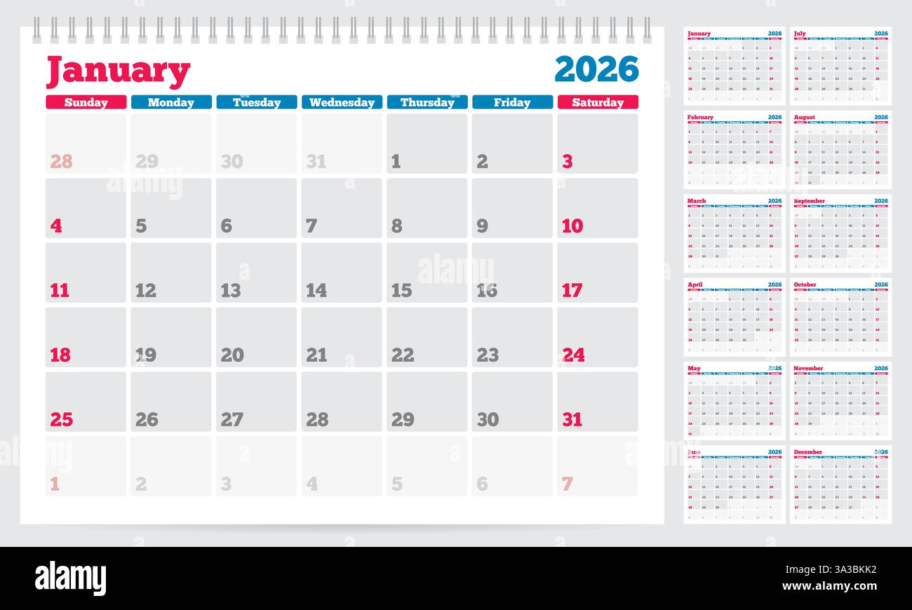 Calendar 2026 planner template. Week start on Sunday. Set of 12 months ...