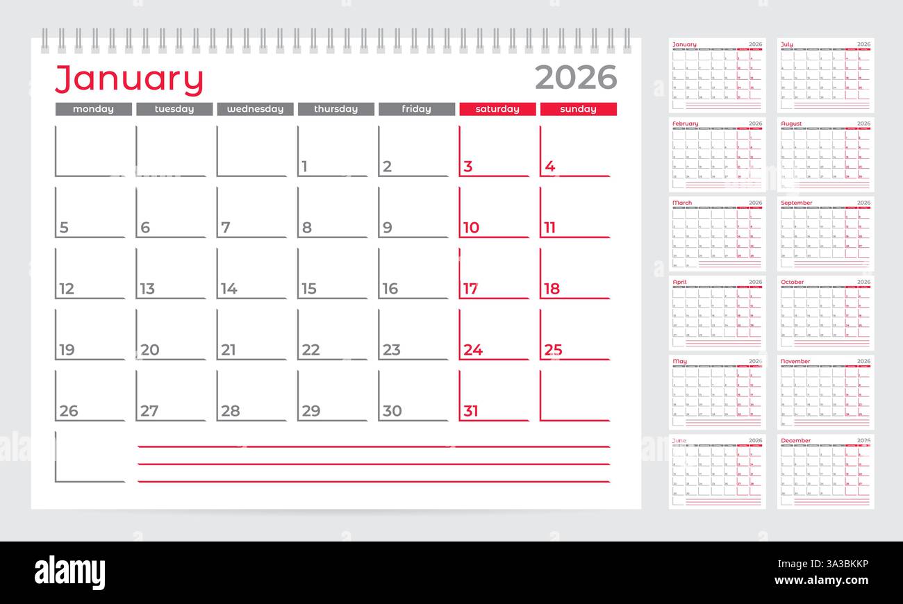 Calendar 2026 planner template. Week start on Monday. Set of 12 months ...