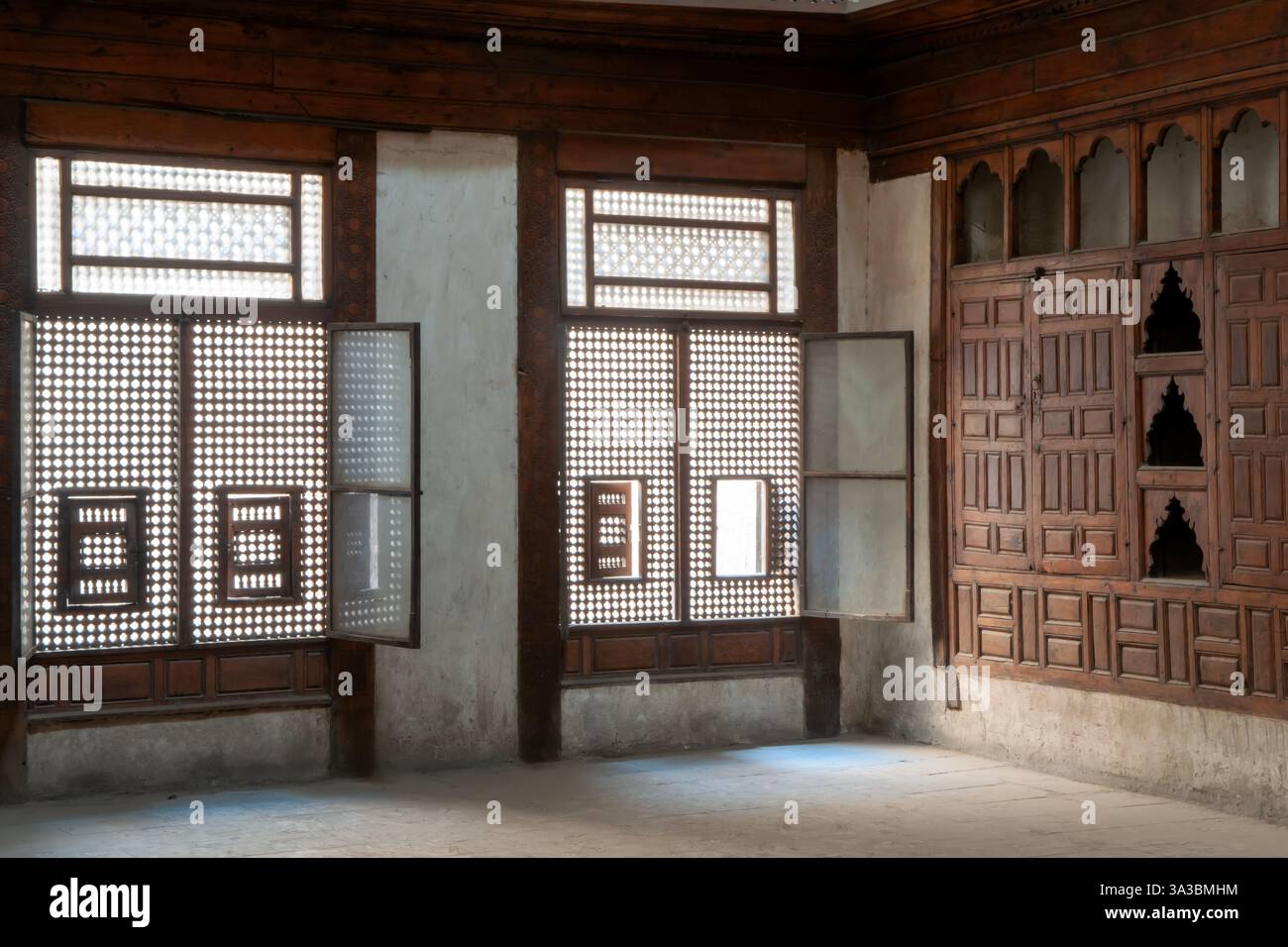 Egyptian style Mashrabiya window enclosed with carved wood latticework ...