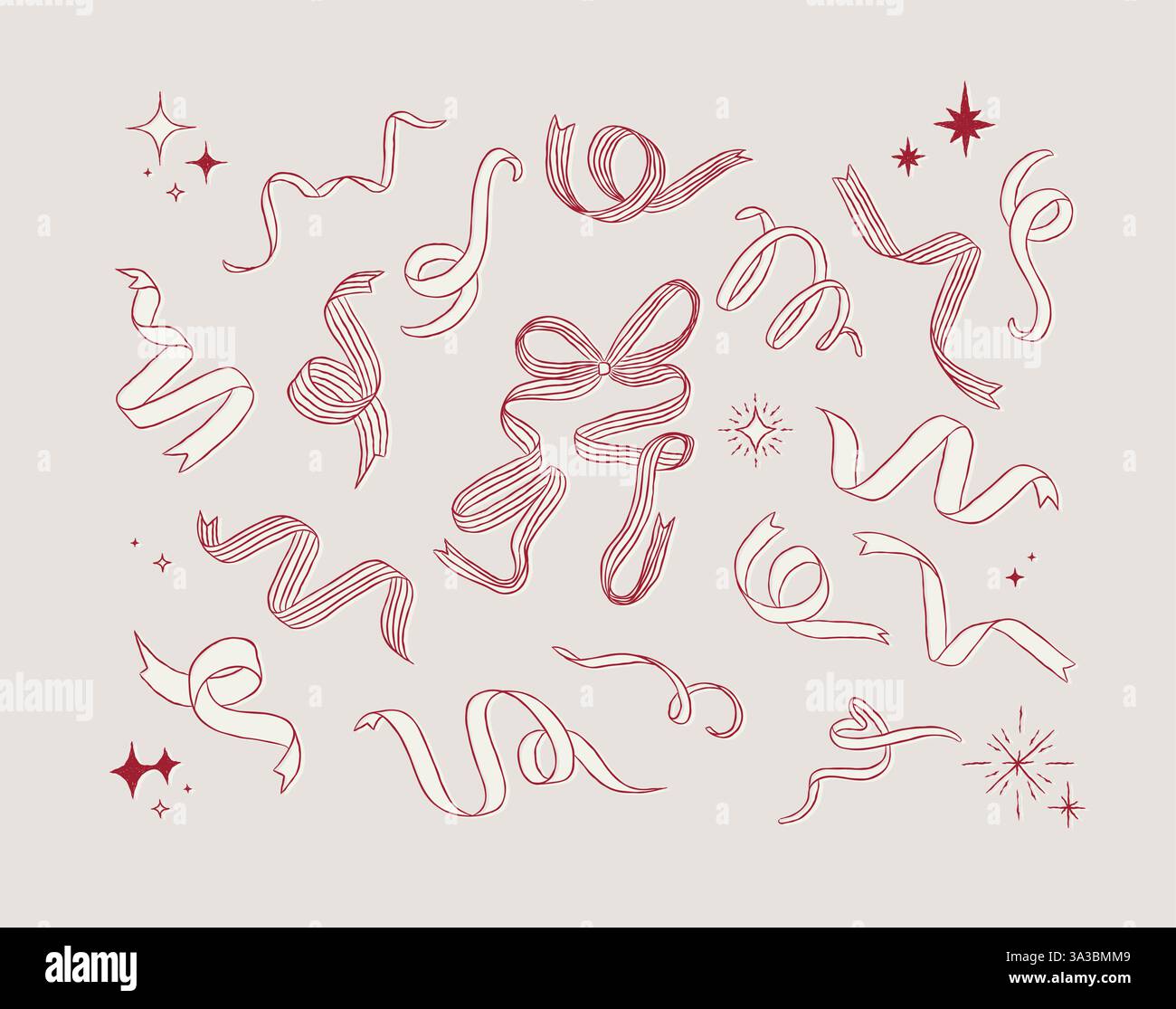 Ribbon variety shapes with swirl and stars collection drawing with red ...