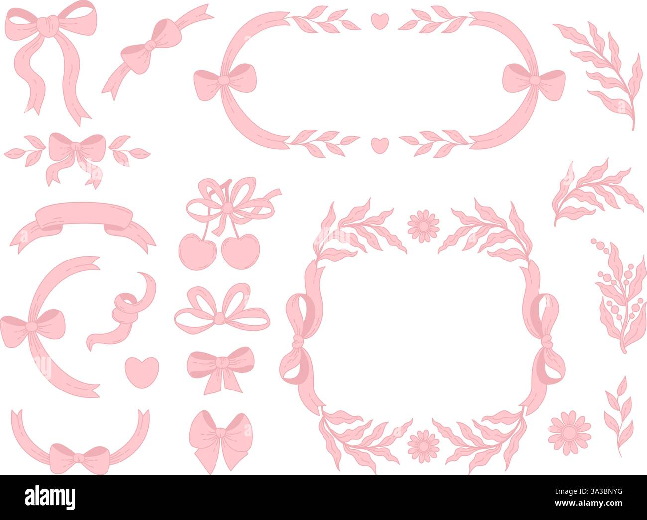 Vintage coquette pink ribbon bow with plants, cherry and frame border ...