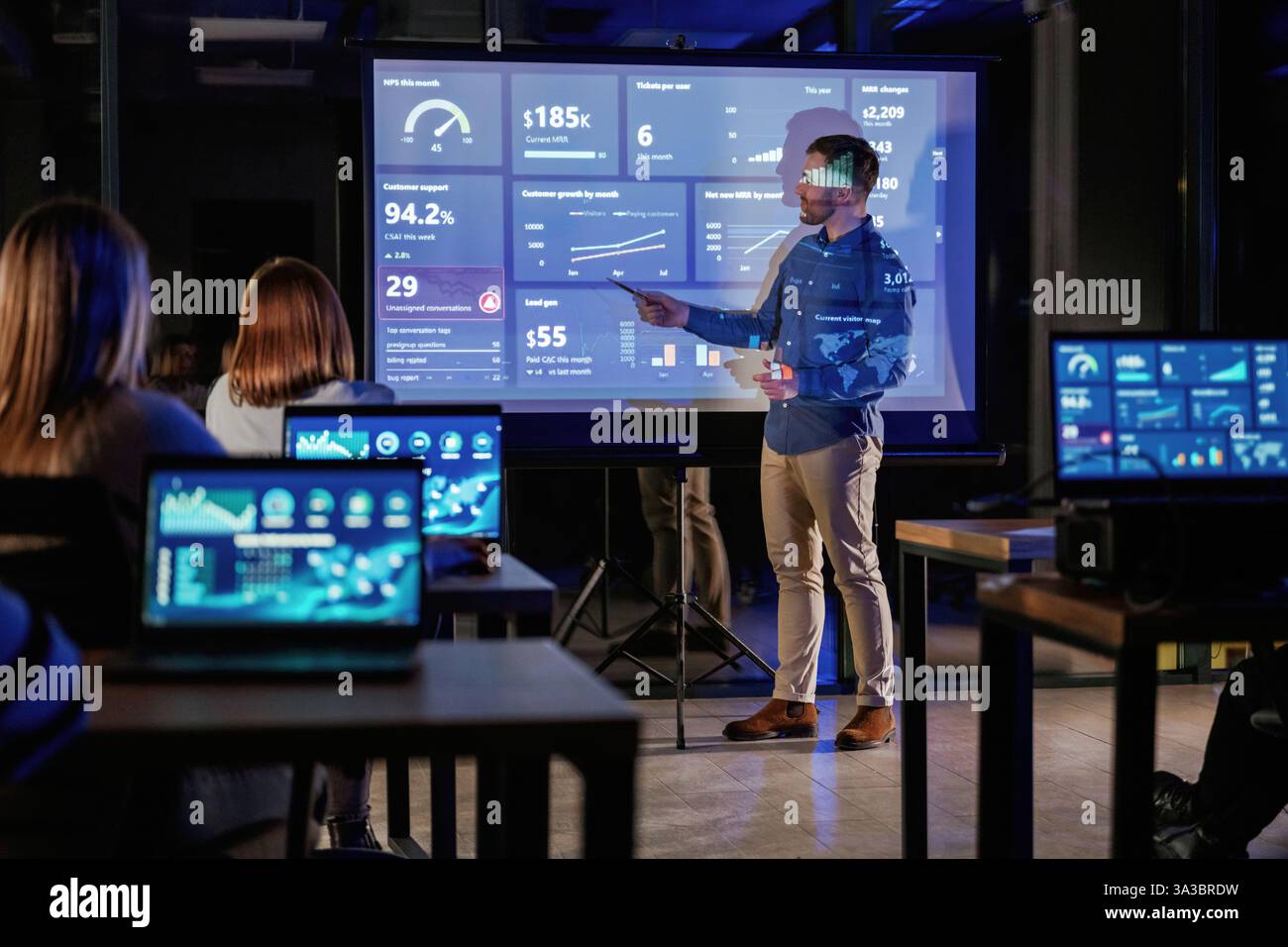 Graph is going up. Male business trainer is against projector with data ...