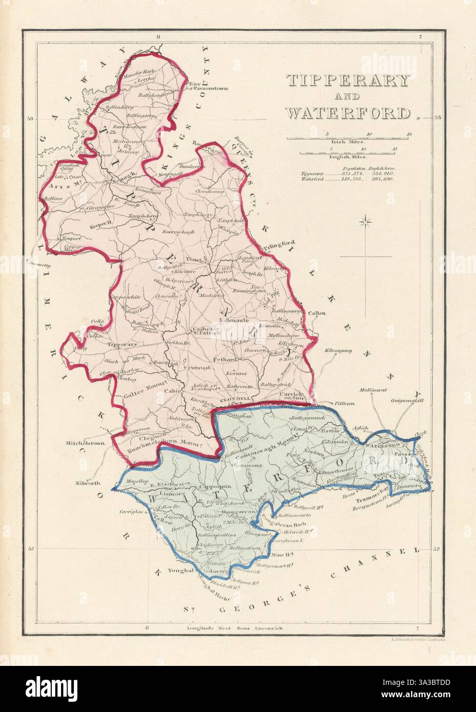 Antique TIPPERARY AND WATERFORD county map by Alfred ADLARD. Ireland ...